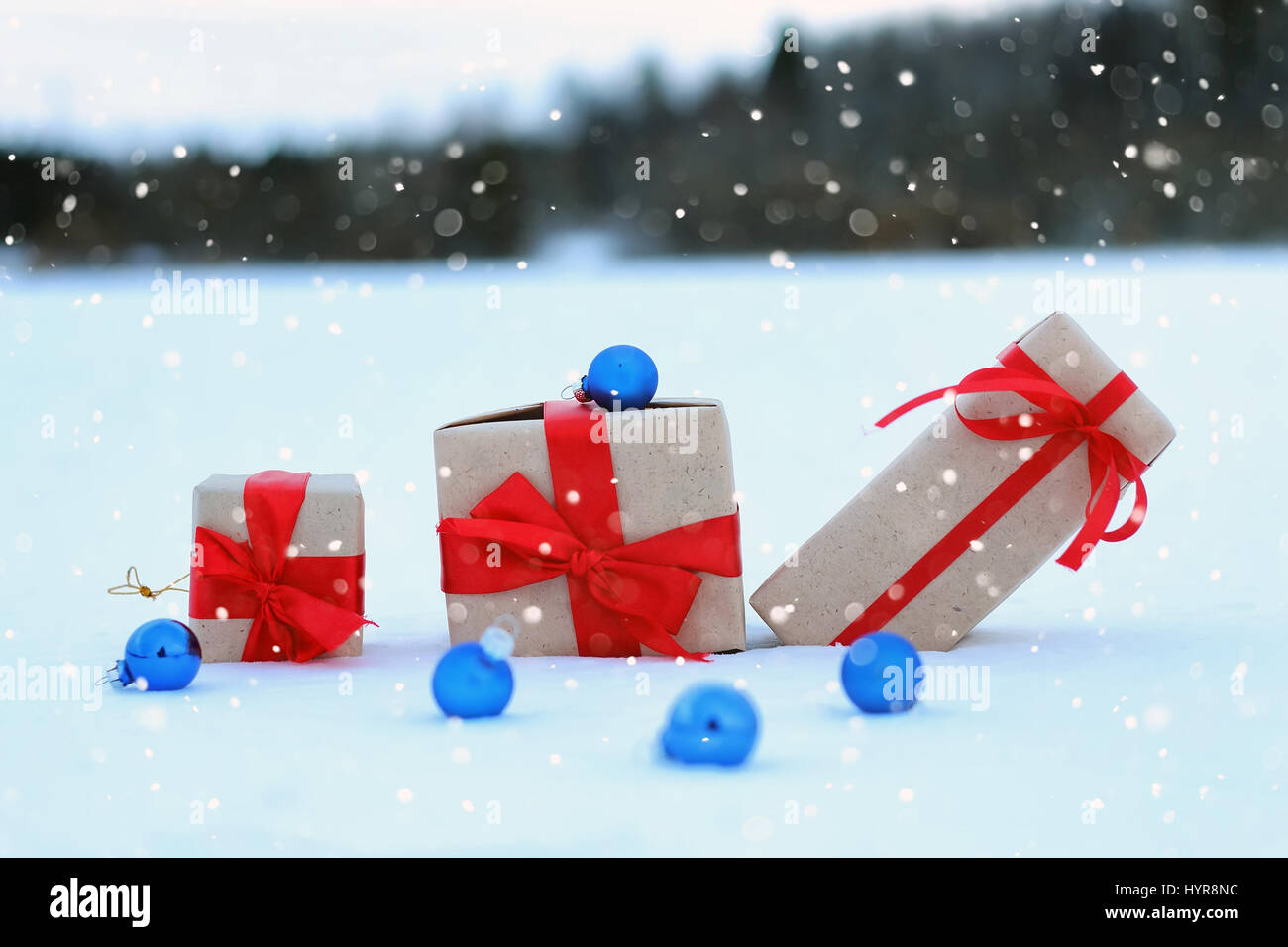 on snow gift box ball landscape snowflake Stock Photo - Alamy