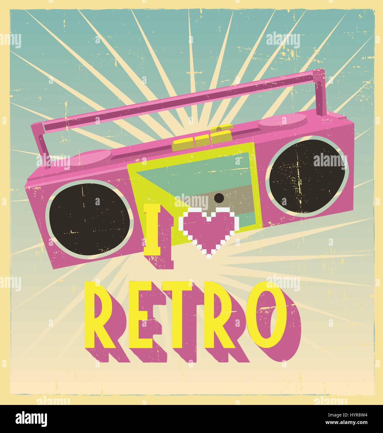 i love retro sign with cassette deck on postcard or poster. retro ...