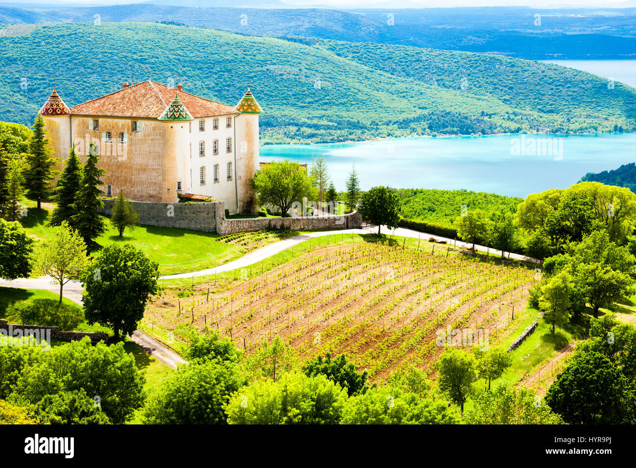 chateau in Aiguines and St Croix Lake at background, Var Department ...