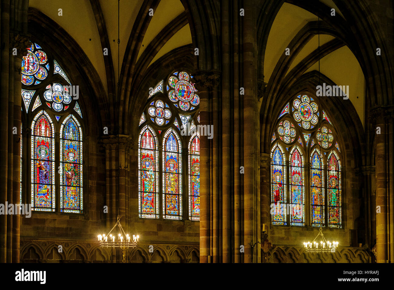 Stained-glass windows, Notre-Dame gothic cathedral 14th century ...