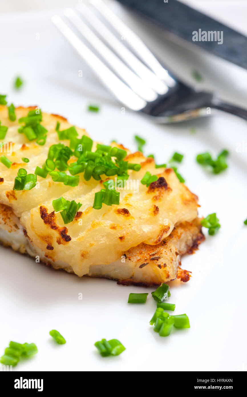 cod baked with mashed potatoes Stock Photo - Alamy