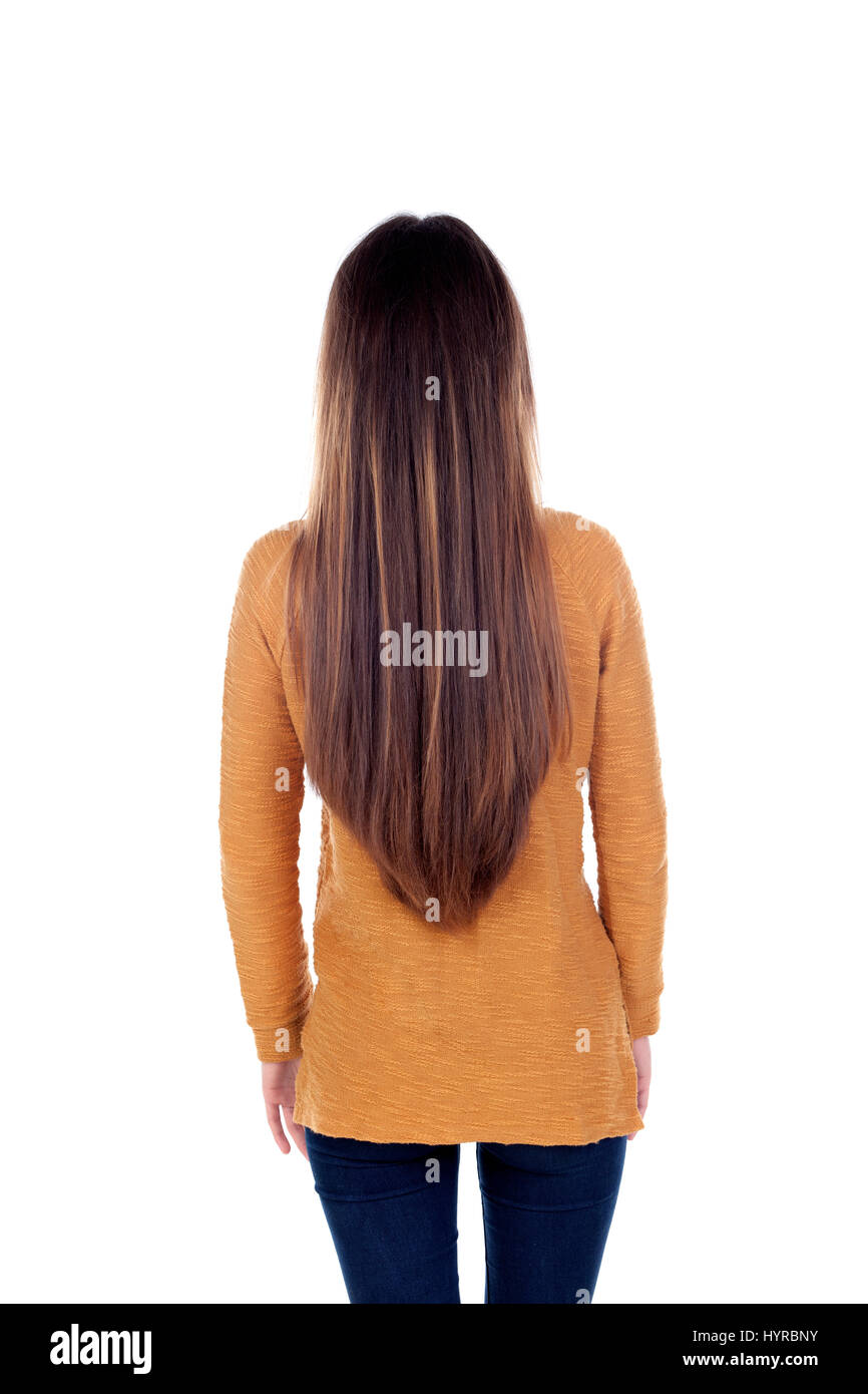 Teenager girl back with long hair isolated on a white background Stock ...