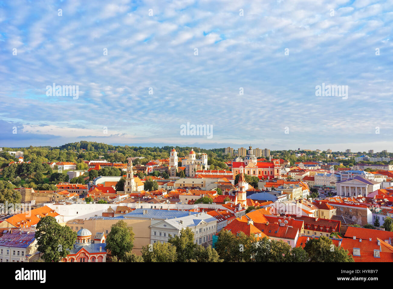 Roof top view of old town of Vilnius with churches towers and Town Hall ...