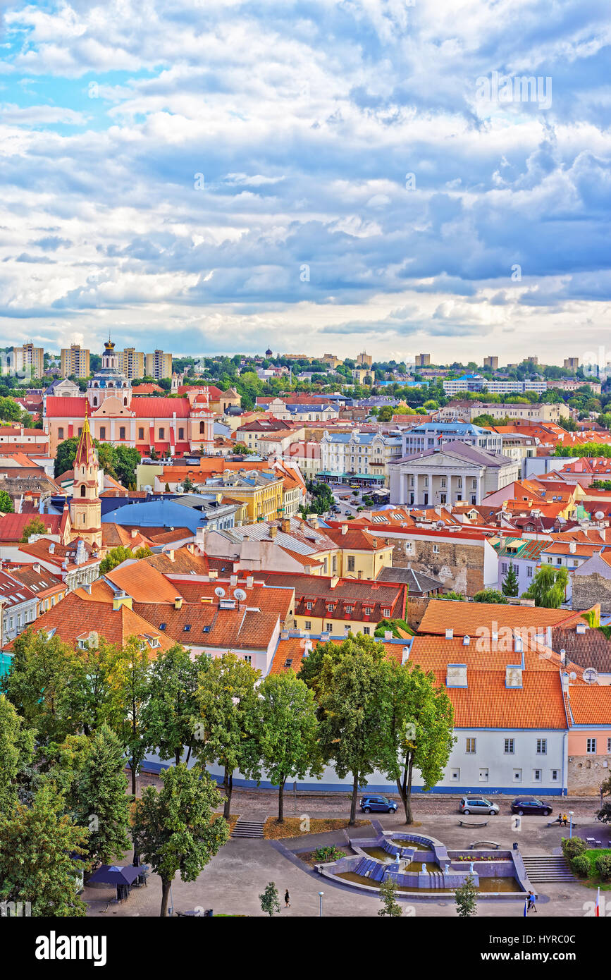 Roof top view of old town of Vilnius with churches spires and Town Hall ...