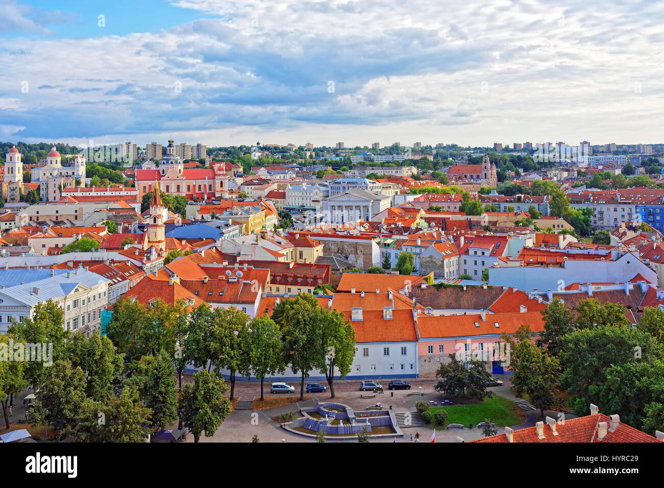 Roof top view of old town in Vilnius with churches spires and Town Hall ...