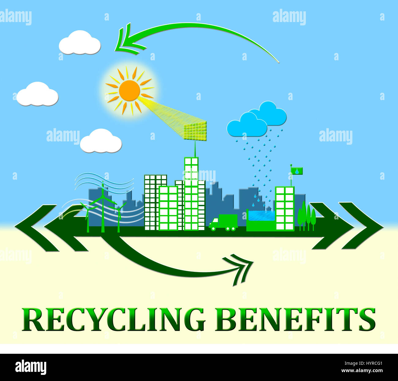 Recycling Benefits Town Showing Perks Of Reusing 3d Illustration Stock ...