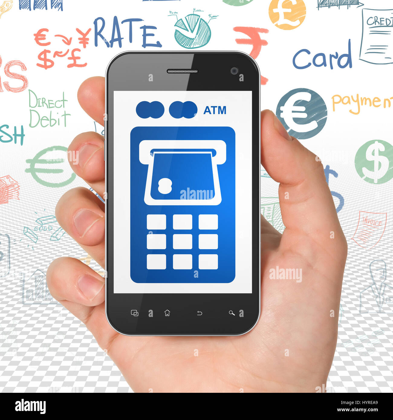 Currency concept: Hand Holding Smartphone with ATM Machine on display ...