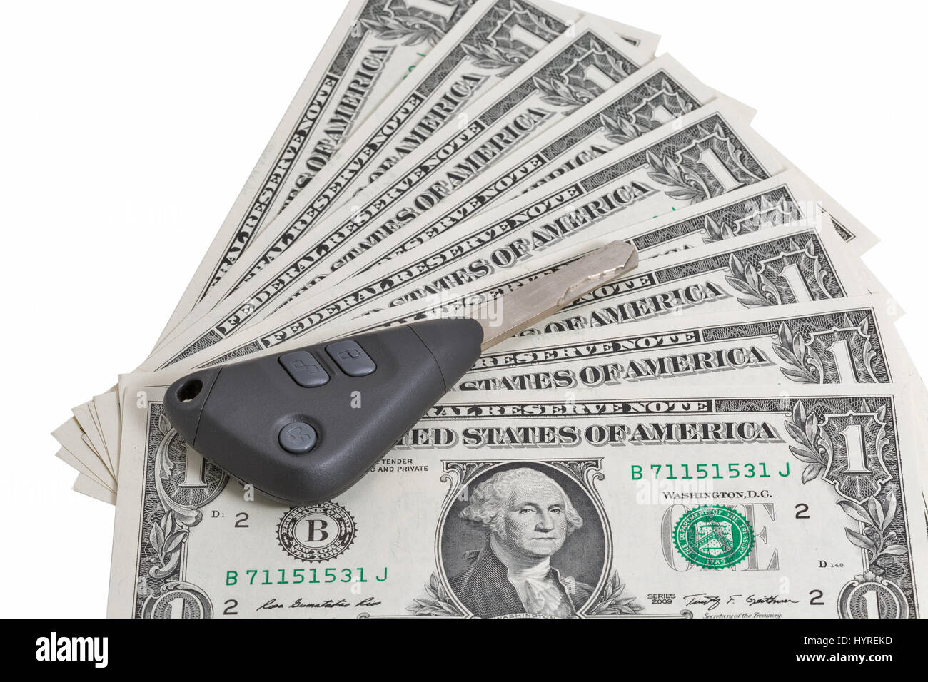 Car keys on one dollar bills background macro isolated on white Stock ...