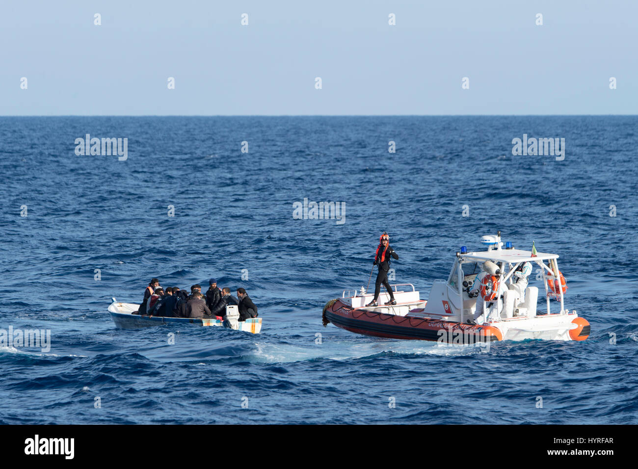 Rigid hull inflatable boat from the italian coast guard ship Dattilo is ...