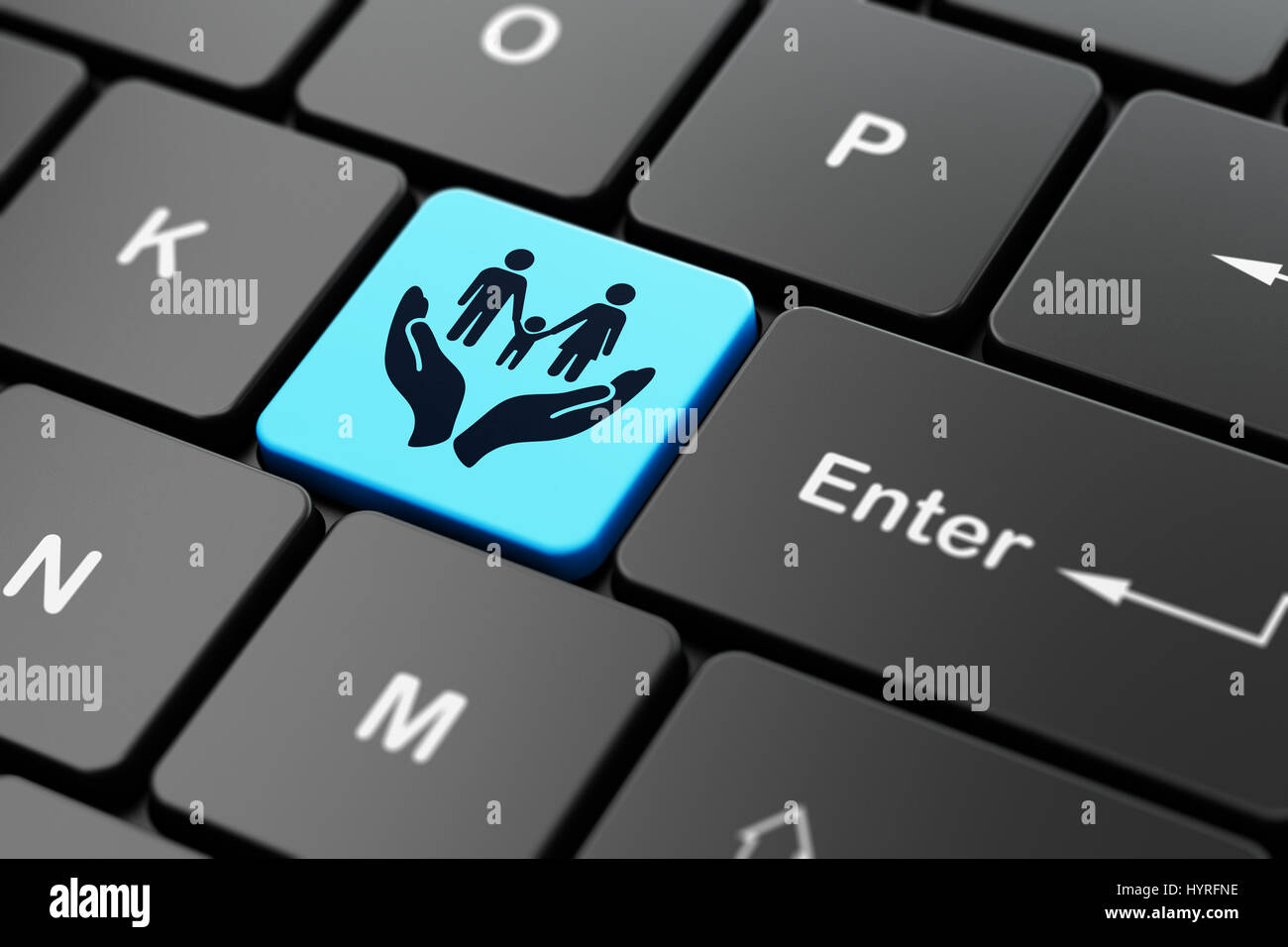 Insurance concept: Family And Palm on computer keyboard background ...