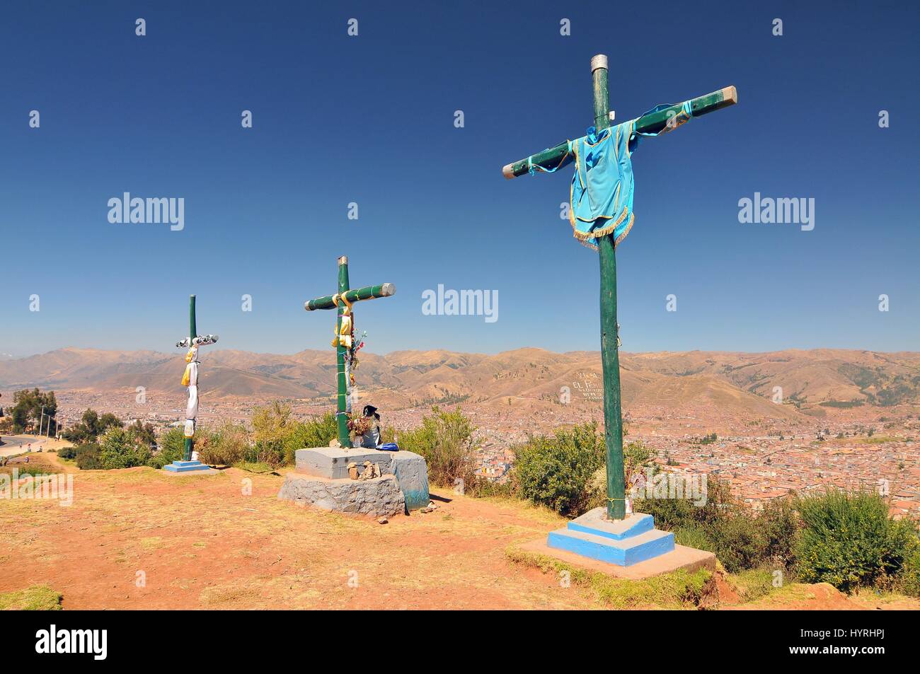 Peru, Three Crosses sit next to the Statue Cristo Blanco, overlooking ...