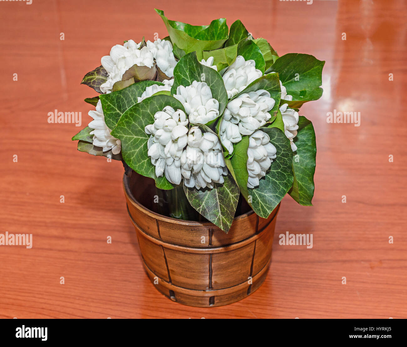 Bouquet of Galanthus (snowdrop) flowers in a vintage flower pot, wood ...