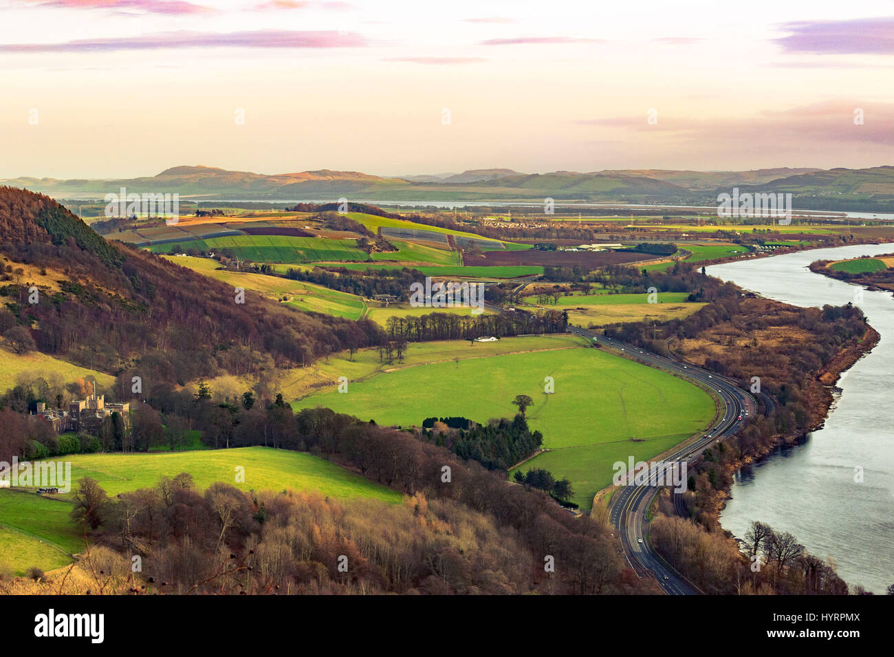 Scenic view from the top of Kinnoull Hill to the valley of river Tay ...