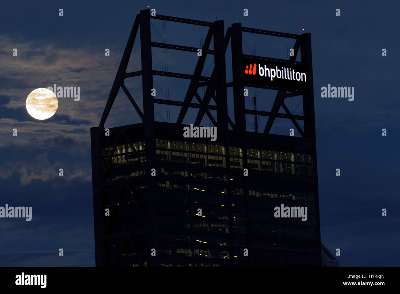 The full moon rises over the buildings occupied by mining company BHP ...
