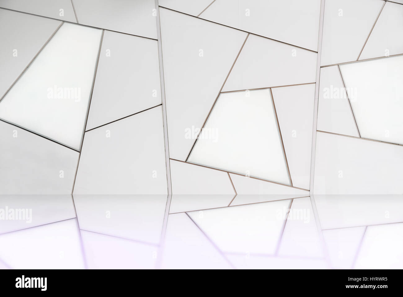 White abstract background indoors. Glass wall and floor reflection ...