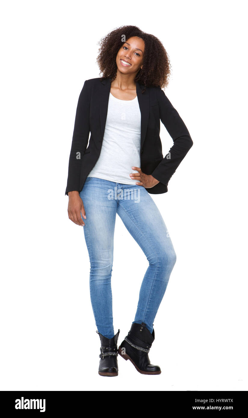 Full body portrait of a modern young woman smiling on isolated white ...