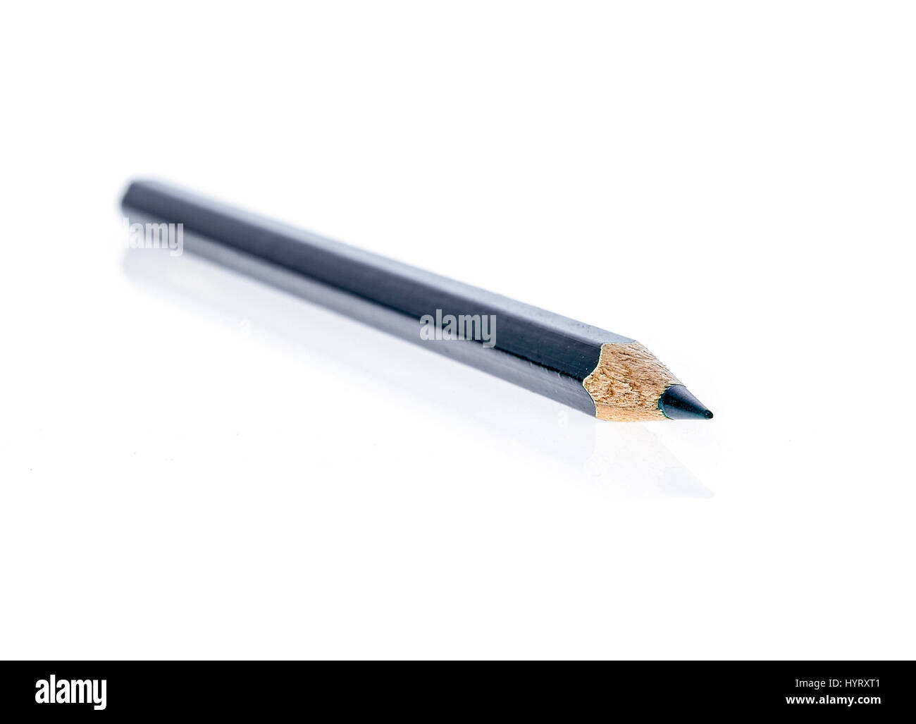 Tip of sharpened old blue colour pencil isolated on white background ...