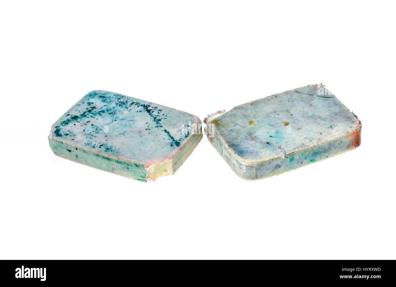 Two old, used blue and white Rubber Pen Eraser isolated on white ...