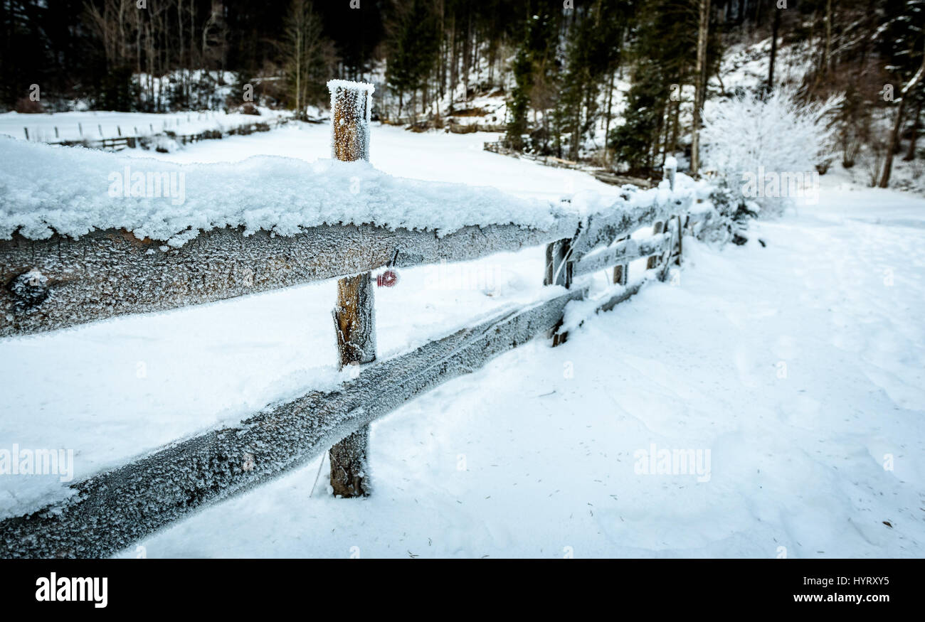 Winter country landscape with frozen timber - wooden fence. Snow ...