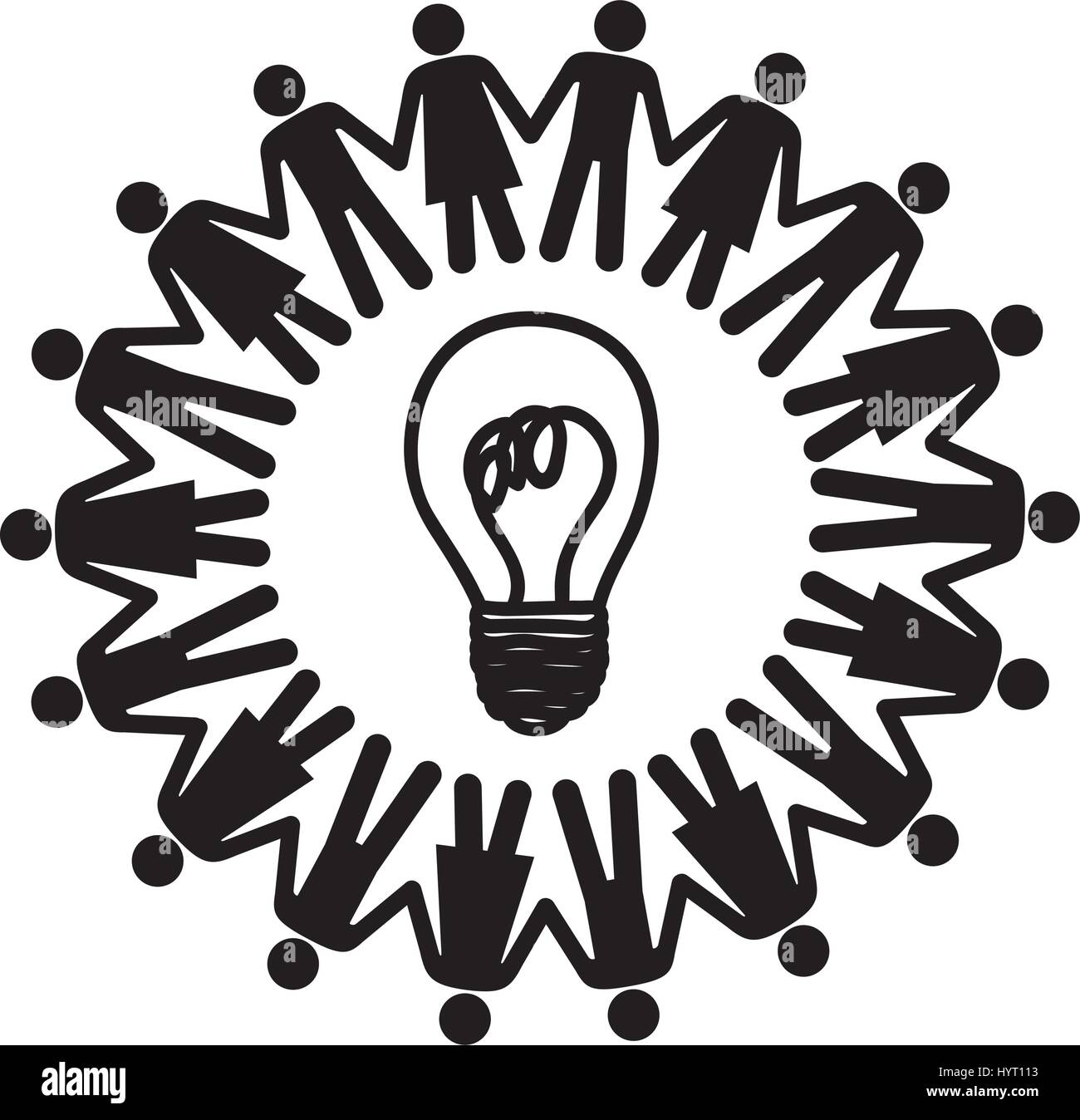 black silhouette teamwork human people circle with ligth bulb Stock ...