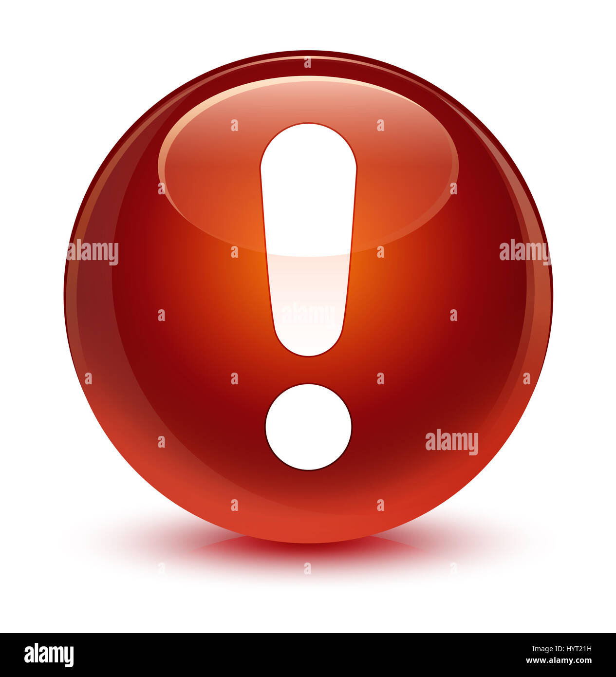 Exclamation mark icon isolated on glassy brown round button abstract ...