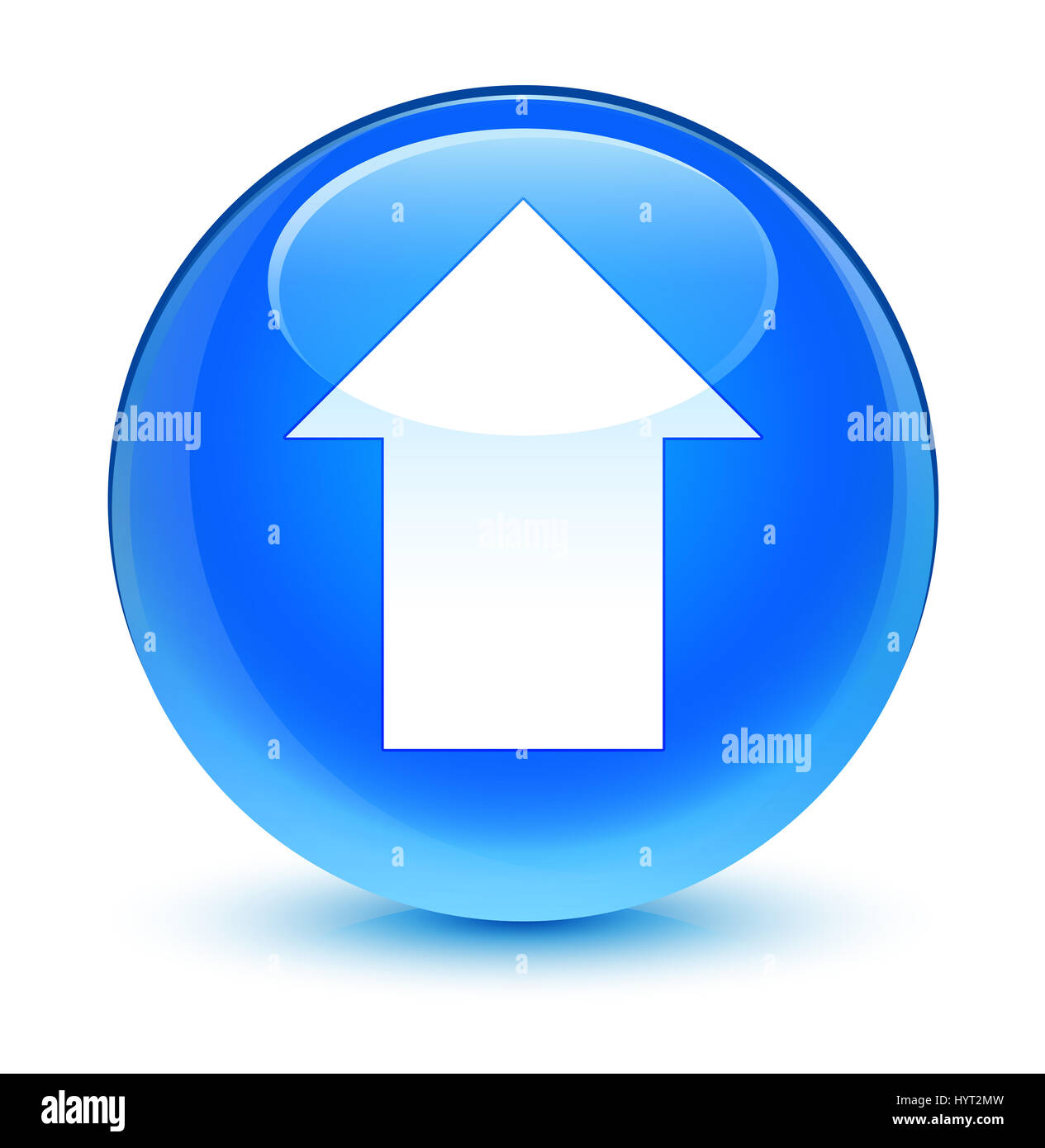 Upload arrow icon isolated on glassy cyan blue round button abstract ...