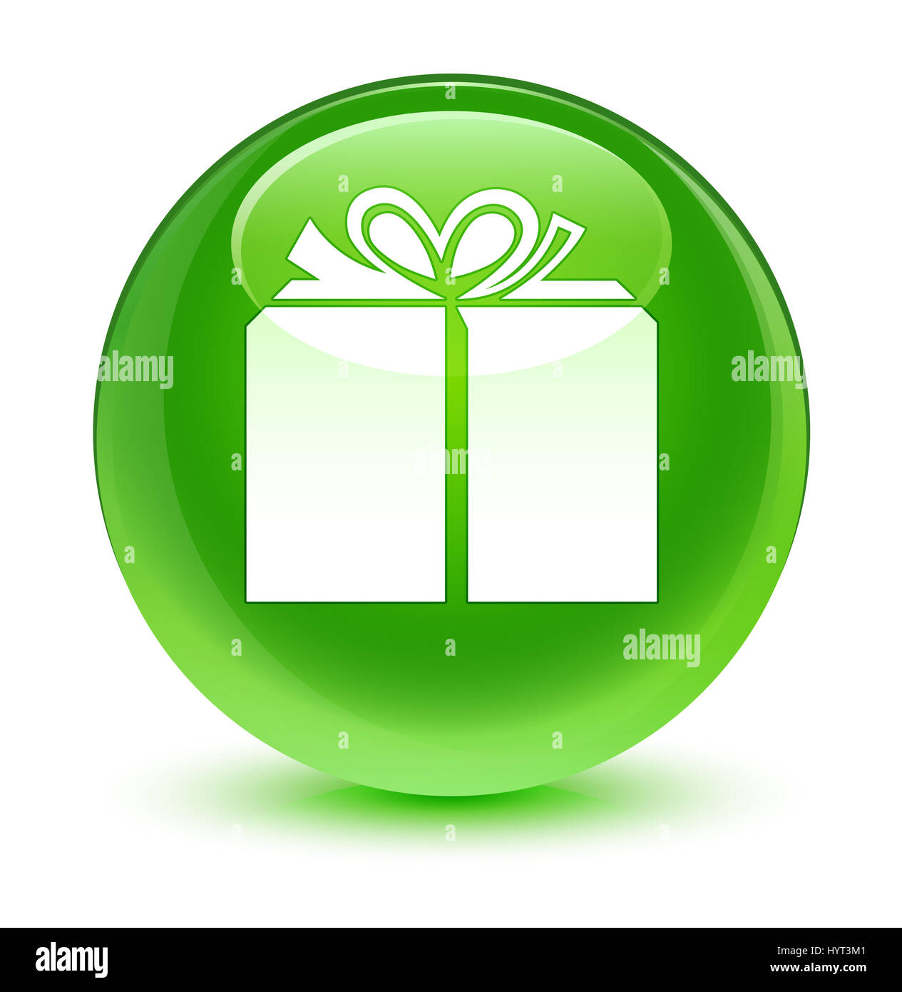 Gift box icon isolated on glassy green round button abstract ...