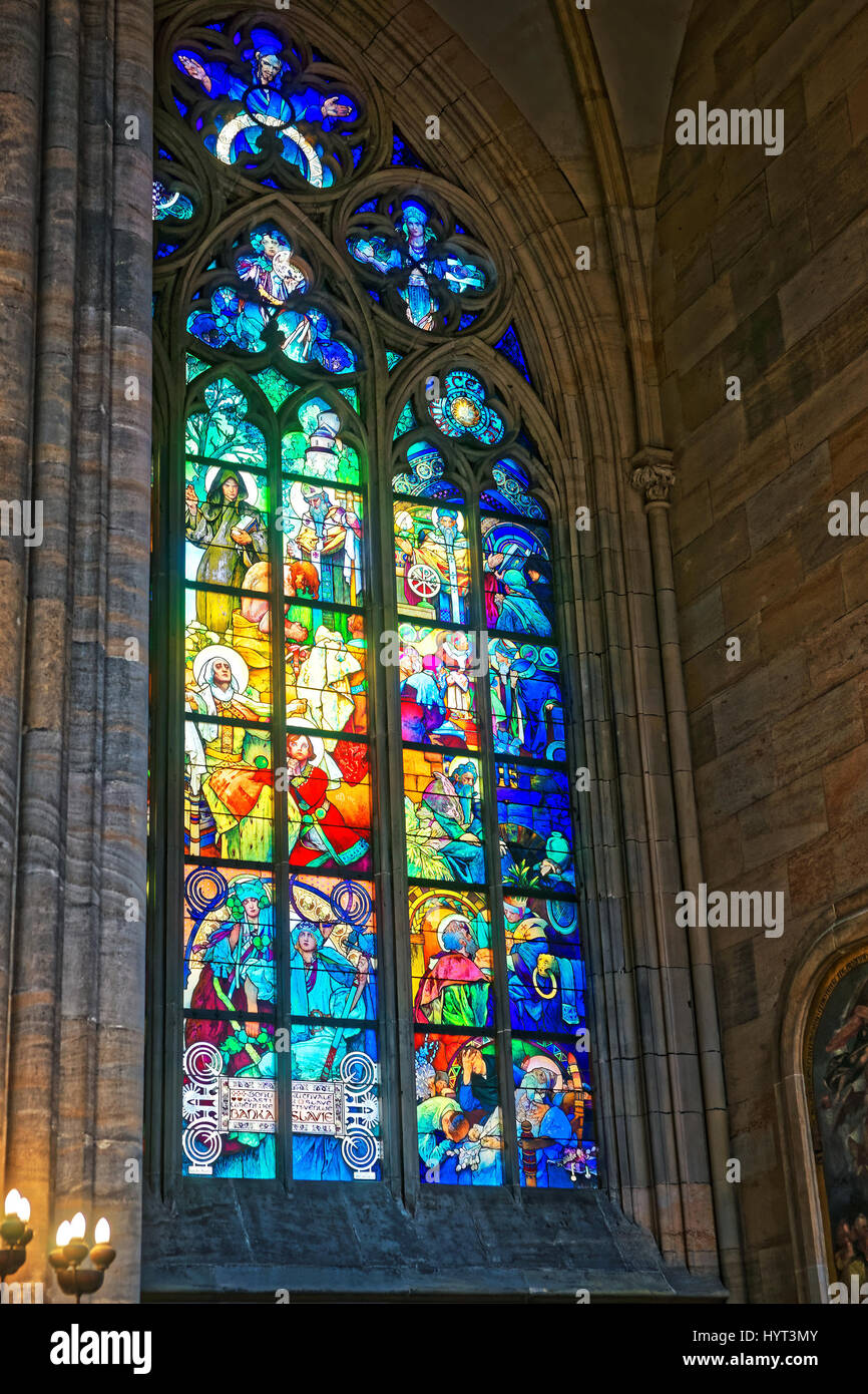 Prague, Czech Republic - June 10, 2012: Stained glass window painted by ...
