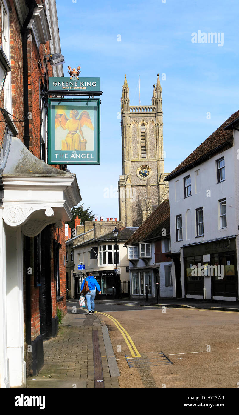 Church tower historic buildings Angel pub sign, town centre Andover ...