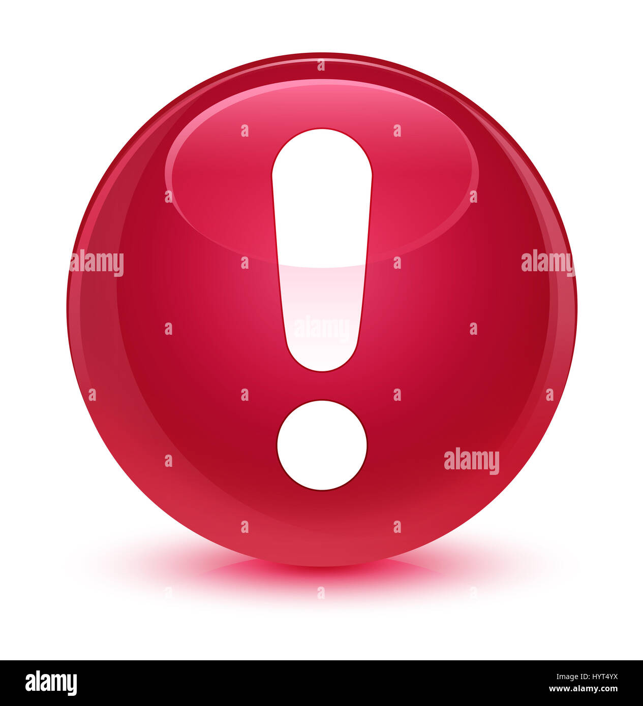 Exclamation mark icon isolated on glassy pink round button abstract ...