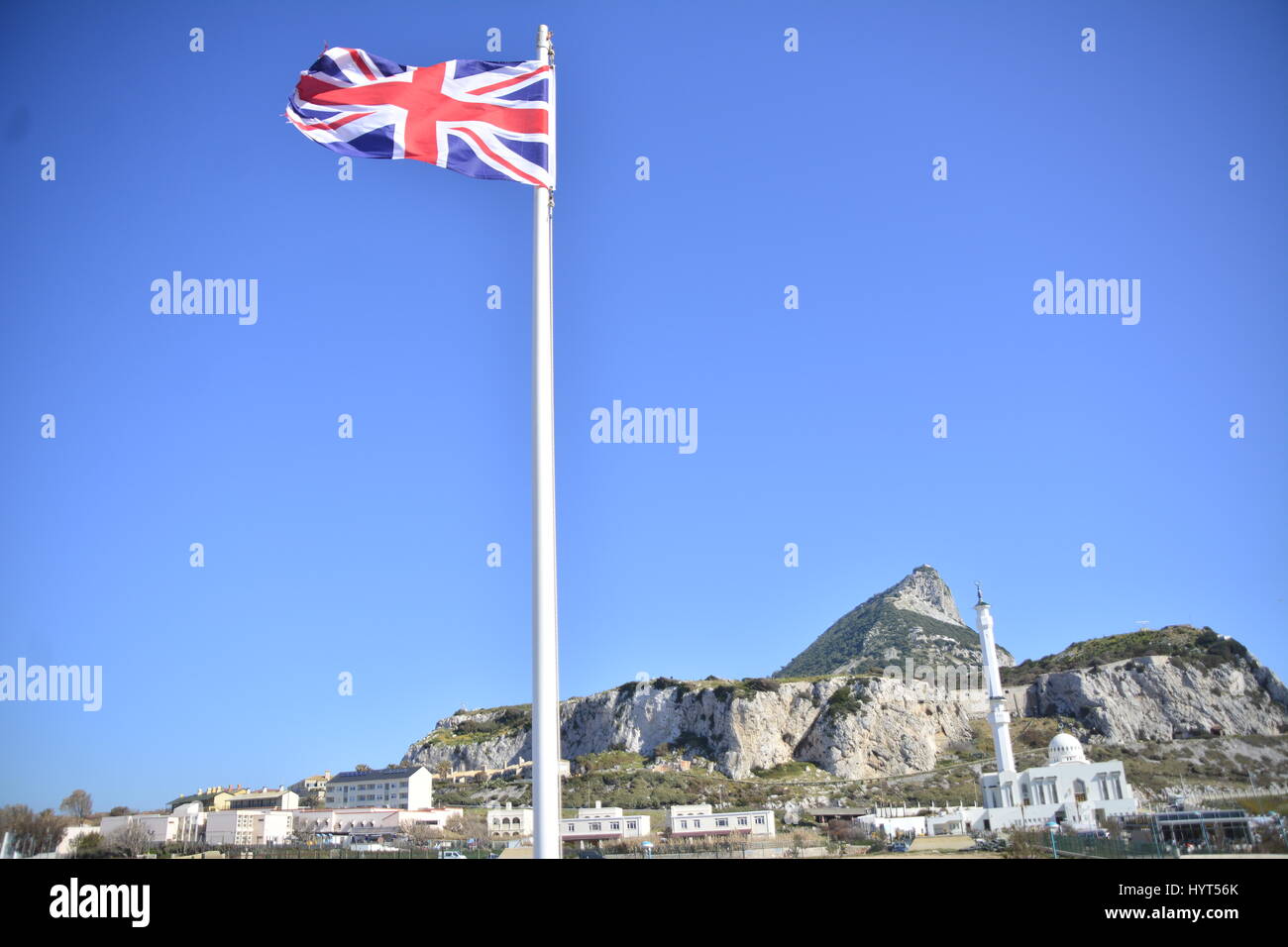 The British flag flies at Europa Point with the Rock of Gibraltar in ...