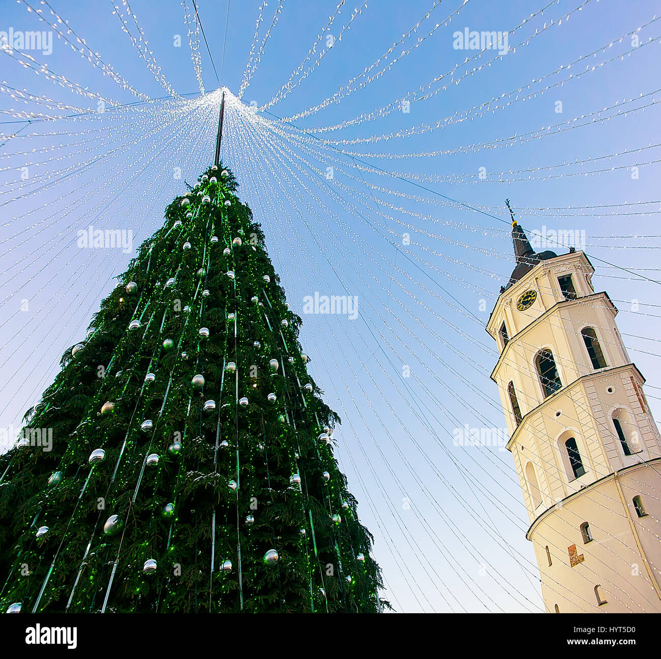 Christmas tree with decoration and Xmas market, and the Bell tower at ...