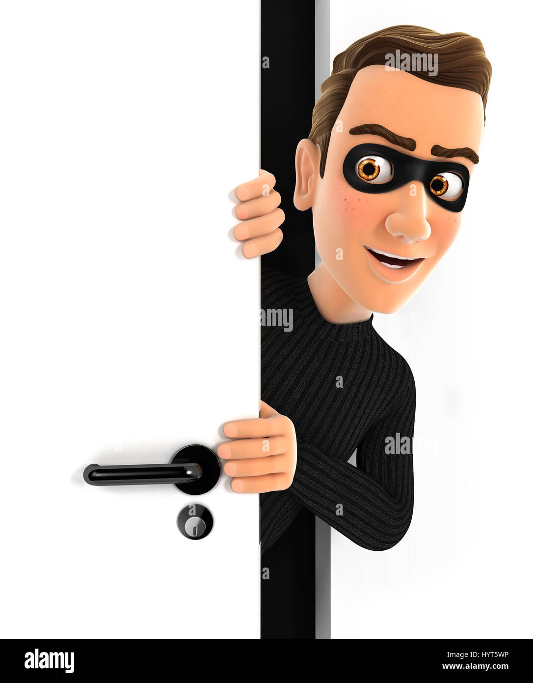 3d thief peeking behind a door, illustration with isolated white ...