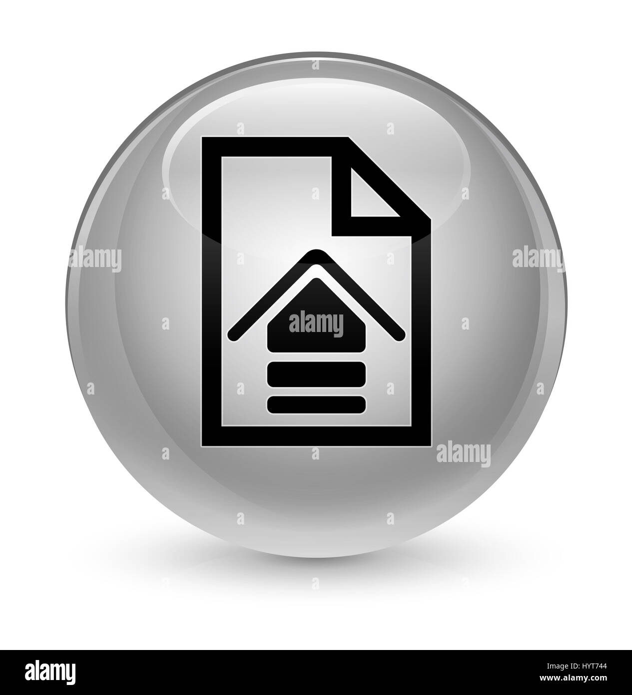 Upload document icon isolated on glassy white round button abstract ...