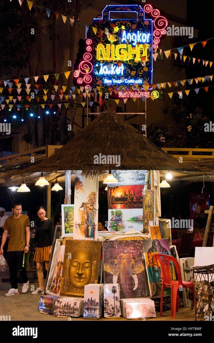 Vertical view of the entrance of the Angkor Night Market in Siem Reap ...