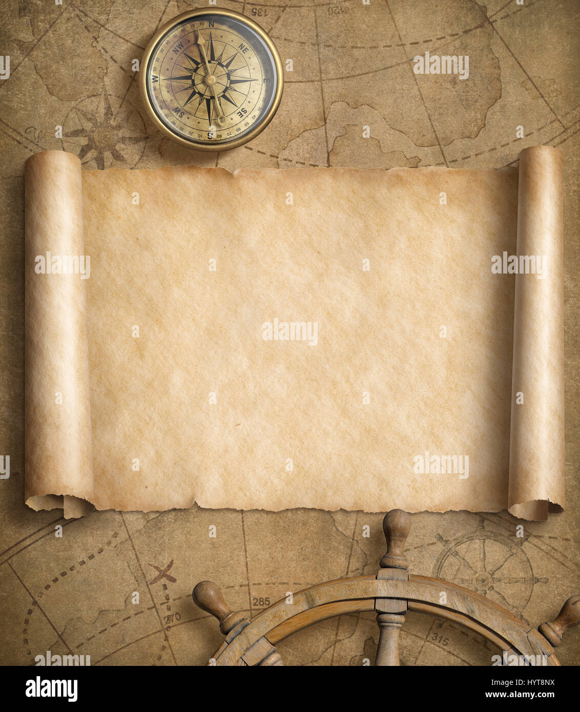 old blank nautical map with steering wheels Stock Photo - Alamy