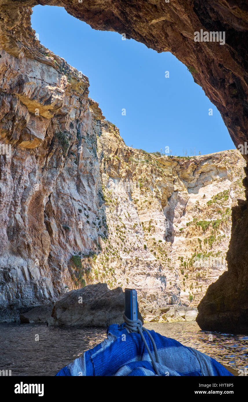 Boat nose under steep cliff over Mediterranean sea on south part of ...