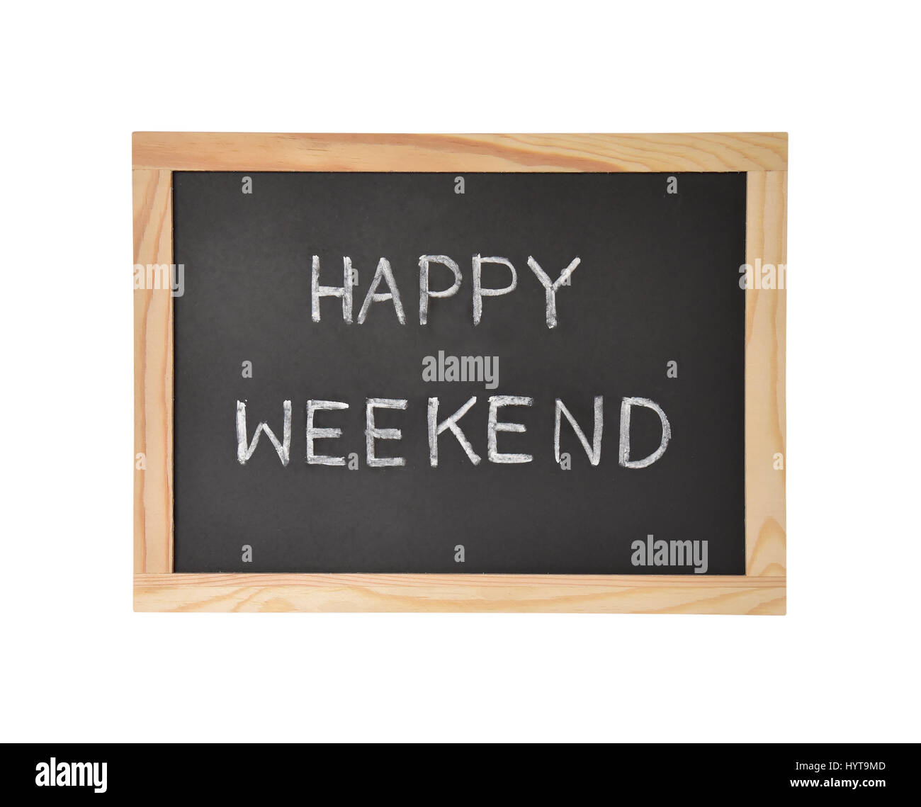 Happy weekend text on blackboard Stock Photo - Alamy