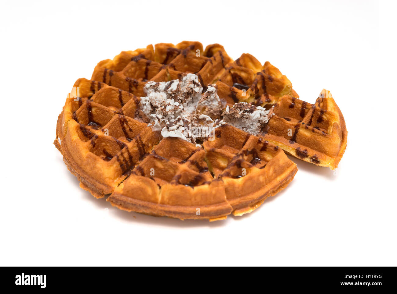 round waffle with one piece taking out on a white background Stock ...