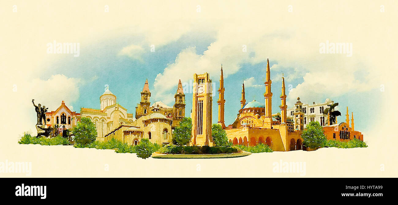 high resolution panoramic watercolor BEIRUT city illustration Stock ...