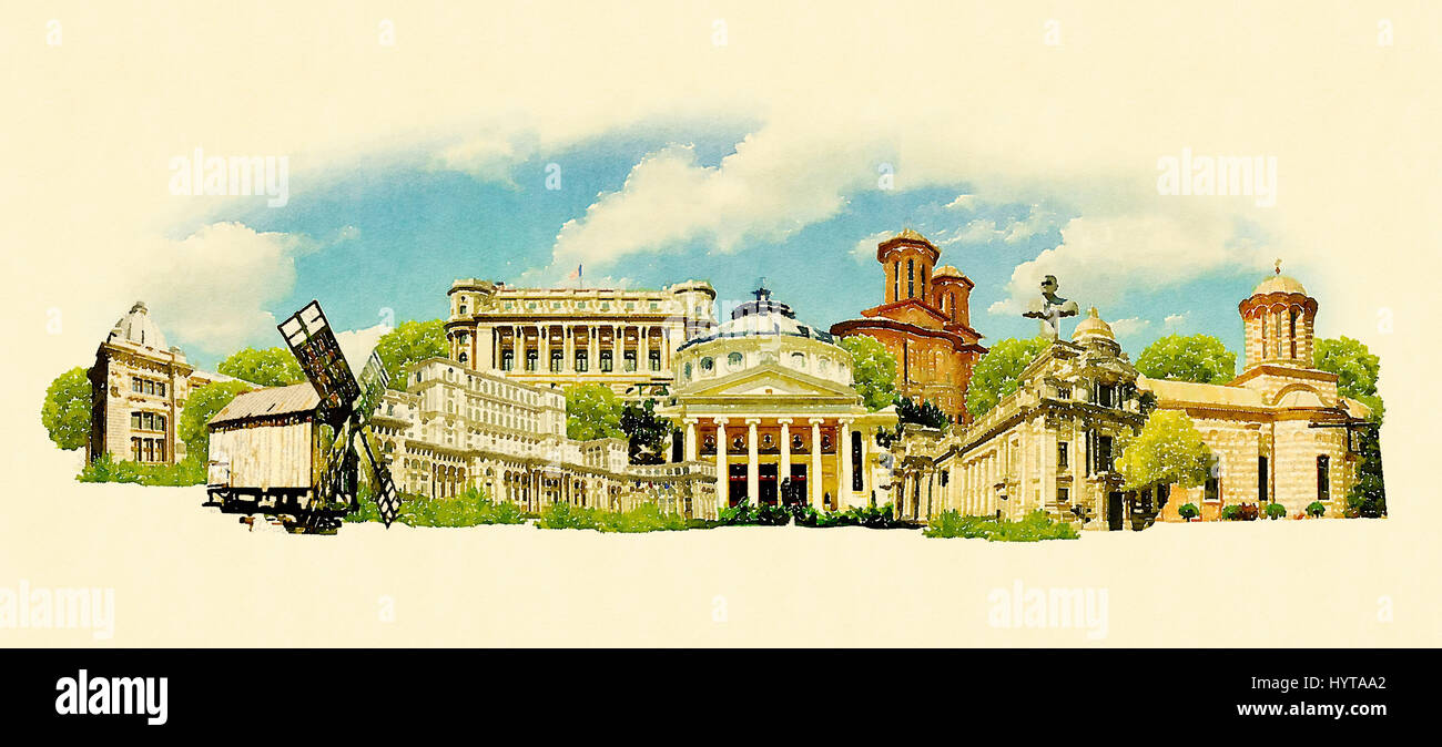 high resolution panoramic watercolor BUCHAREST city illustration Stock ...