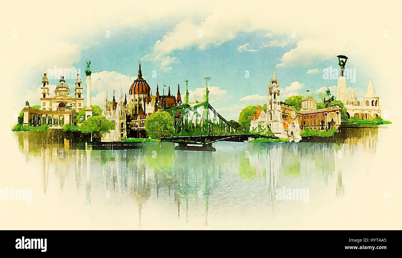 high resolution panoramic watercolor BUDAPEST city illustration Stock ...