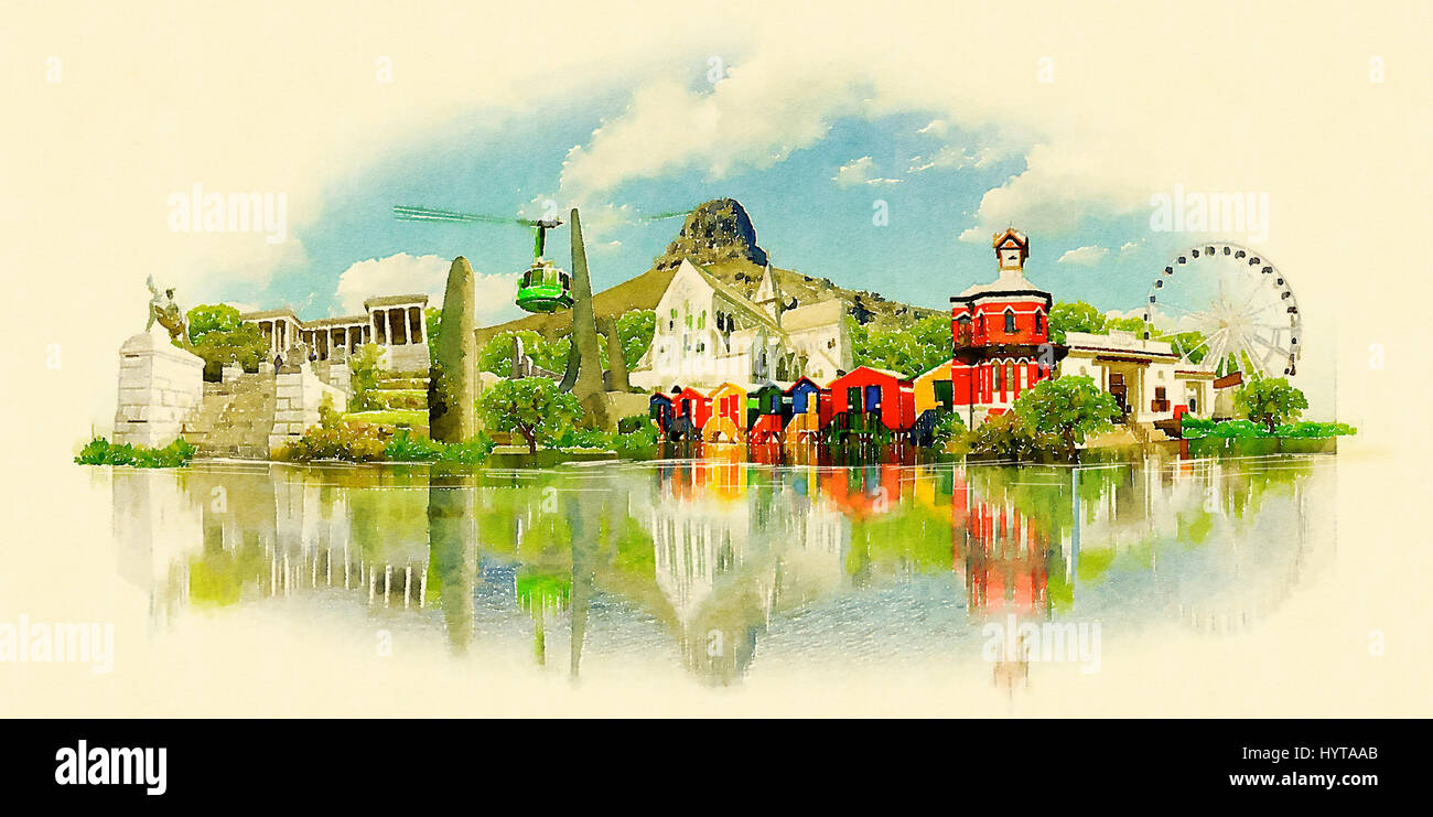 high resolution panoramic watercolor CAPE TOWN city illustration Stock ...