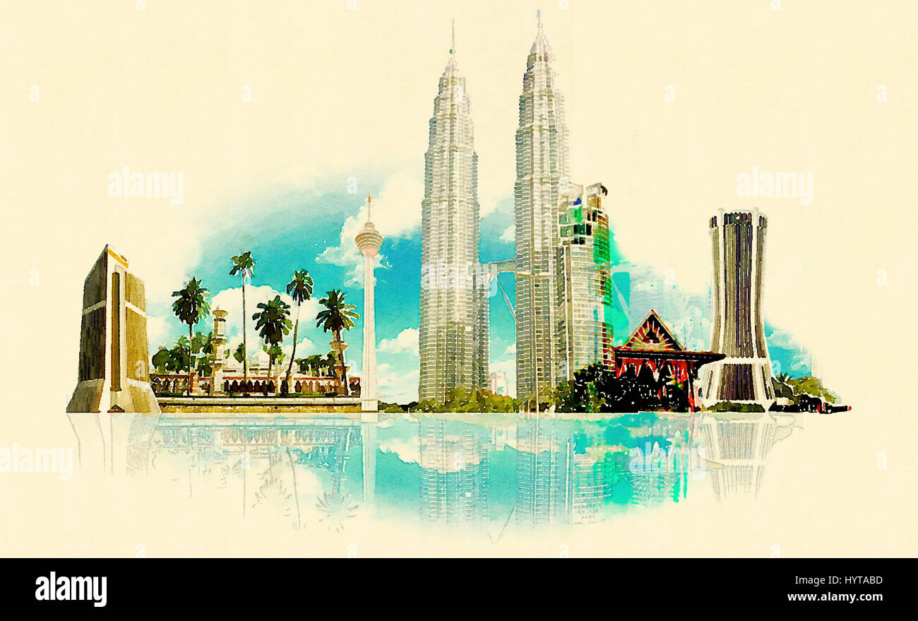 Klcc Drawing High Resolution Panoramic Watercolor KUALA LUMPUR City