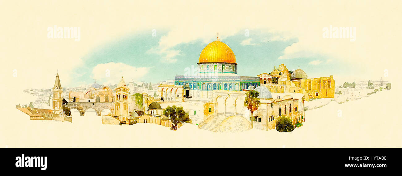 high resolution panoramic watercolor JERUSALEM city illustration Stock ...