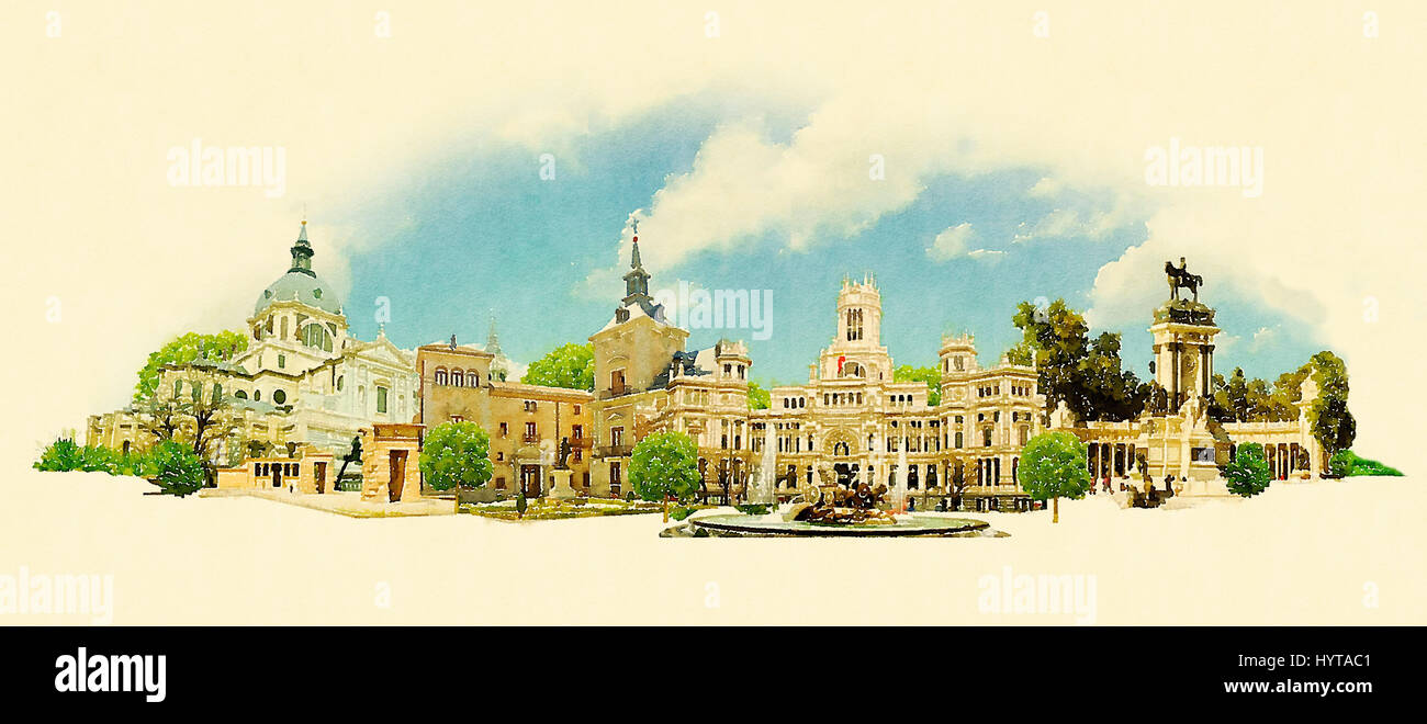 high resolution panoramic watercolor MADRID city illustration Stock ...