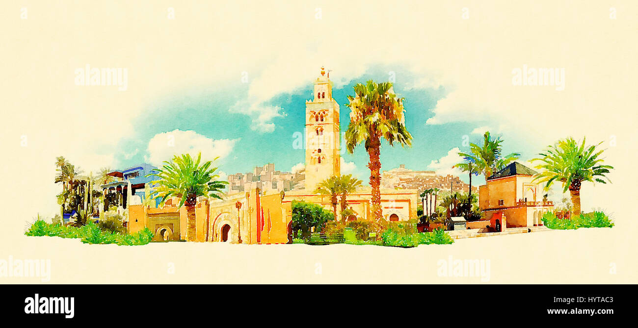 high resolution panoramic watercolor MARAKECH city illustration Stock ...