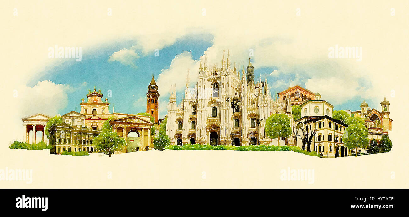high resolution panoramic watercolor MILANO city illustration Stock ...