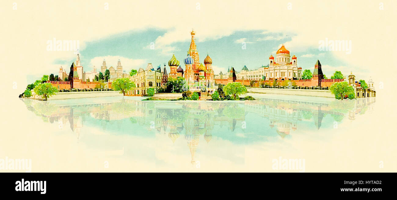 high resolution panoramic watercolor MOSCOW city illustration Stock ...