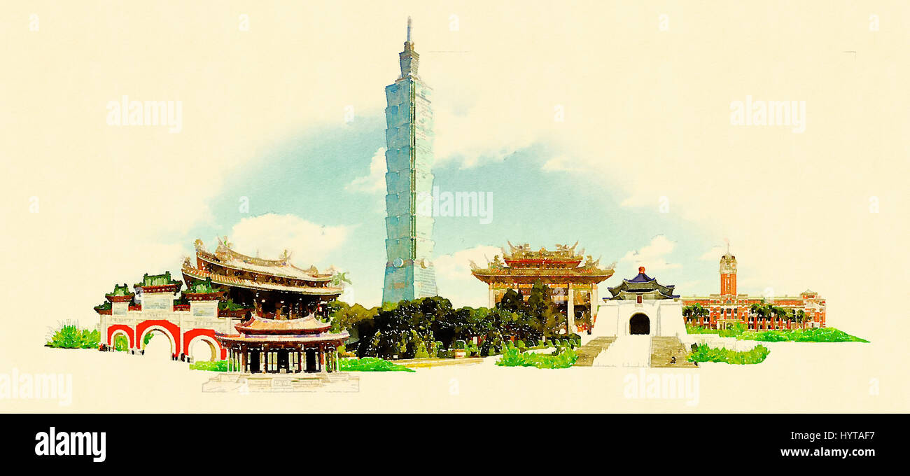 high resolution panoramic watercolor TAIPEI city illustration Stock ...